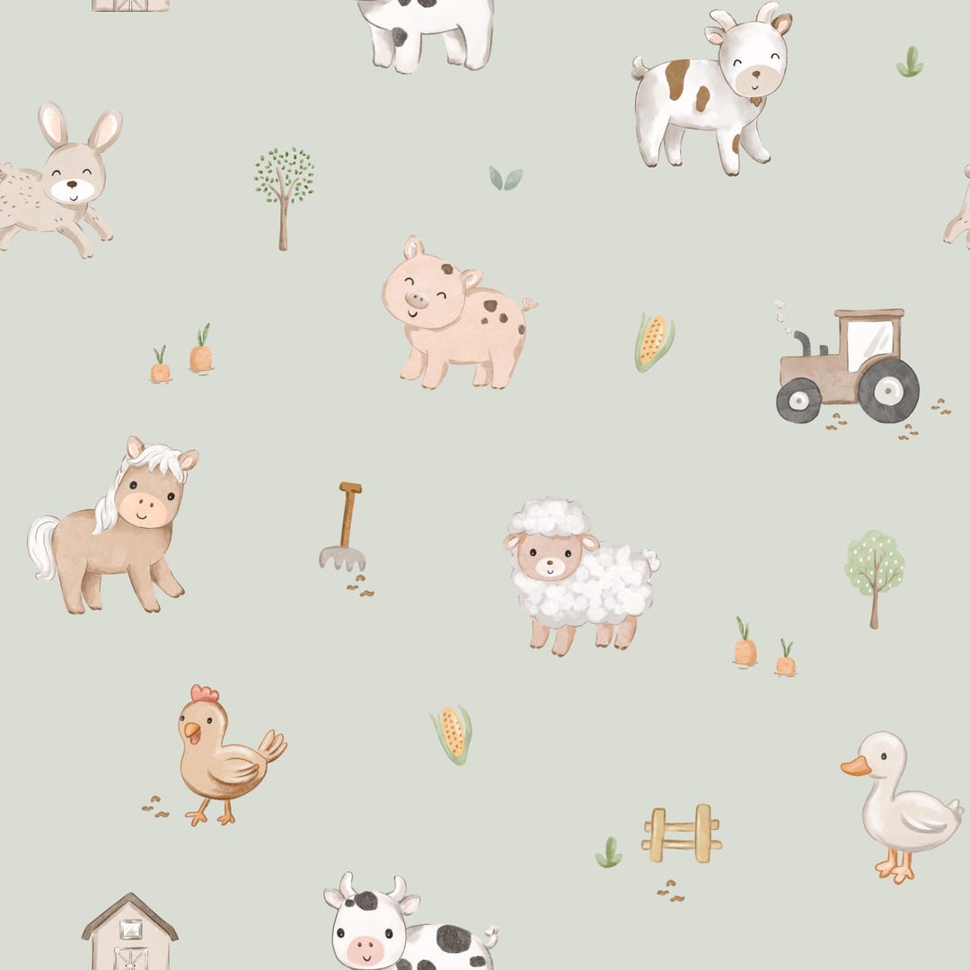 Green Farm Animal Fabric, Chicken Horse Cow Pig Fabric, Fabric by the ...