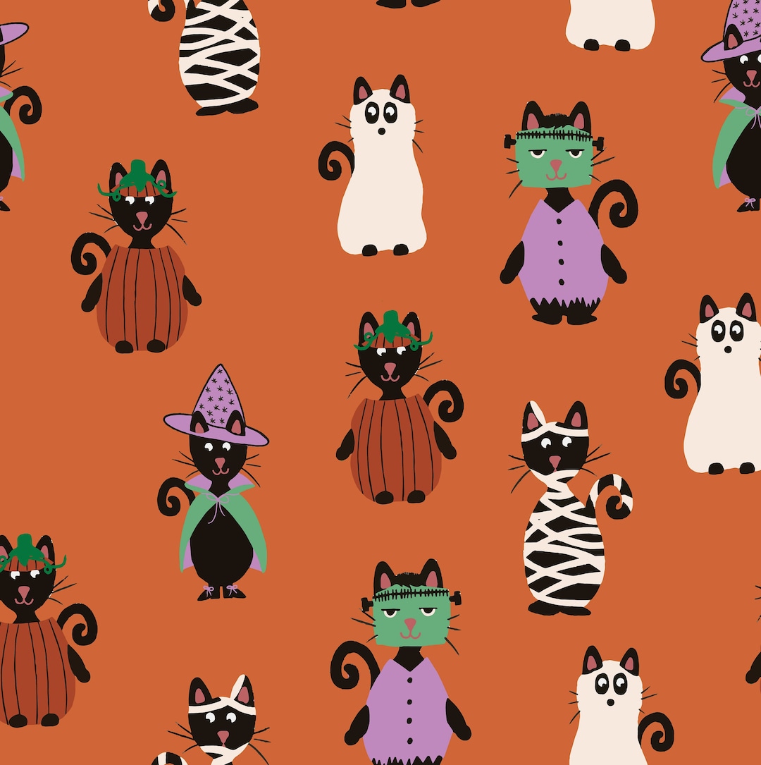 Rust Orange Halloween Cat Fabric, Cats in Costumes Fabric, Fabric by ...