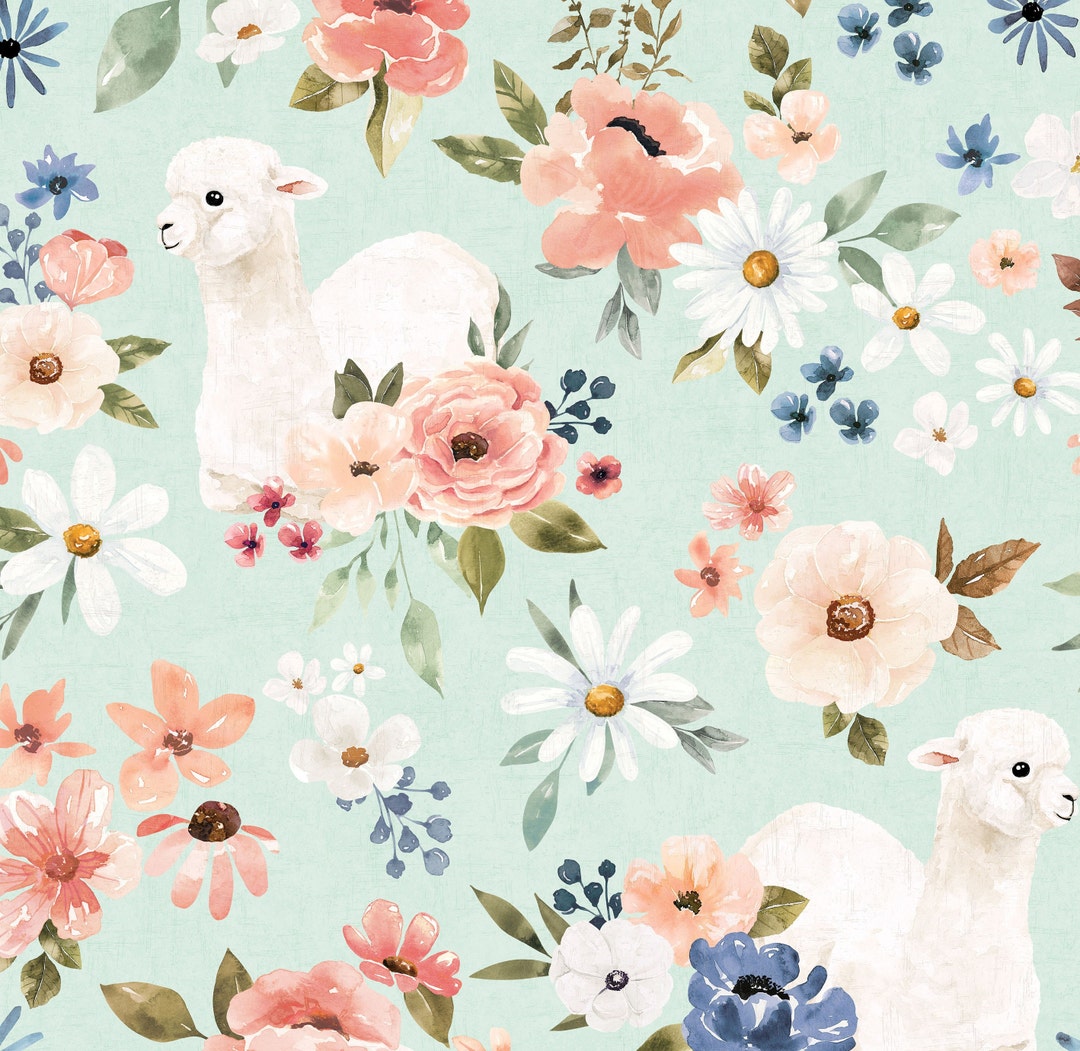 Wanderlust Blue Llama Floral Fabric, Fabric by the Yard, Cate and Rainn ...