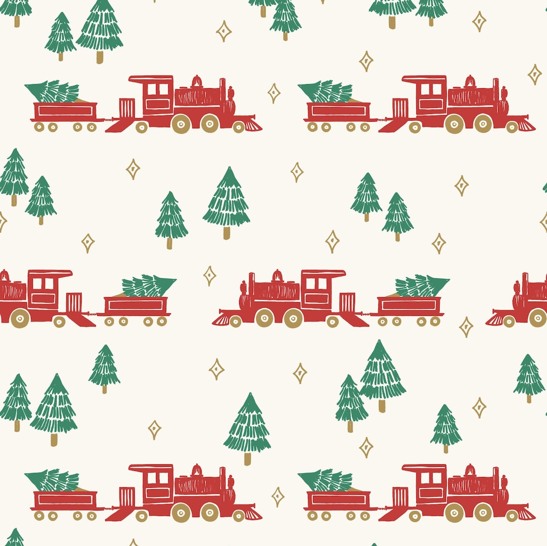 Red & Green Christmas Train Fabric, Christmas Tree Fabric, Hufton ...