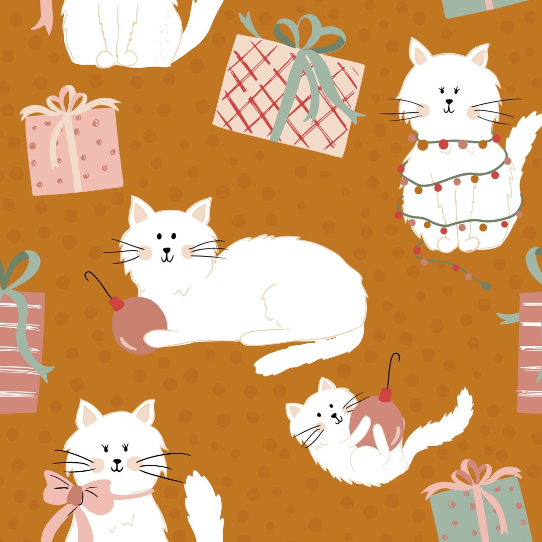 Mustard Christmas Cat Fabric, Christmas Kitty Fabric, Fabric by the ...