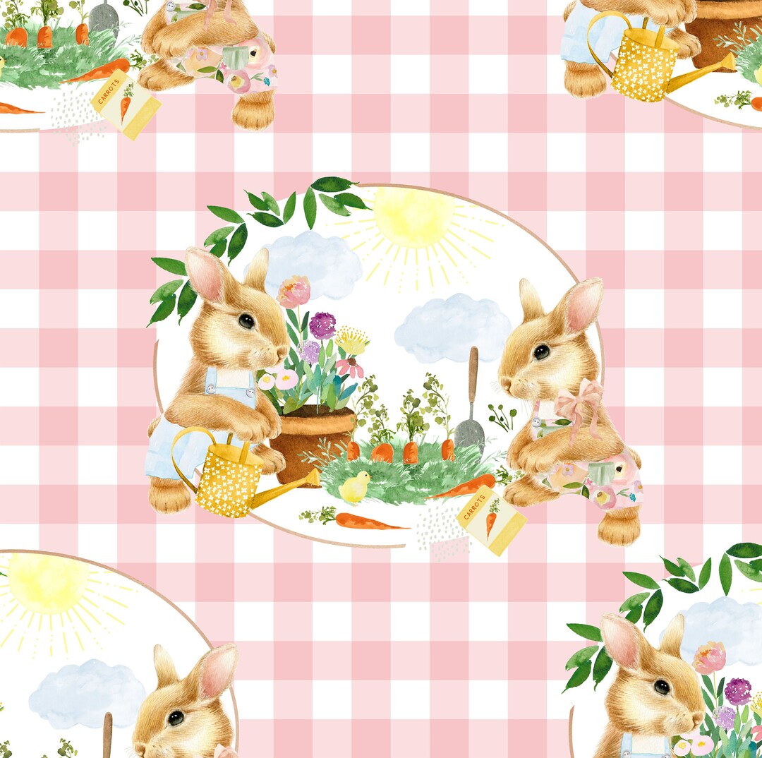 Pink Gingham Bunnies Fabric, Spring Rabbit Fabric, Fabric by the Yard ...
