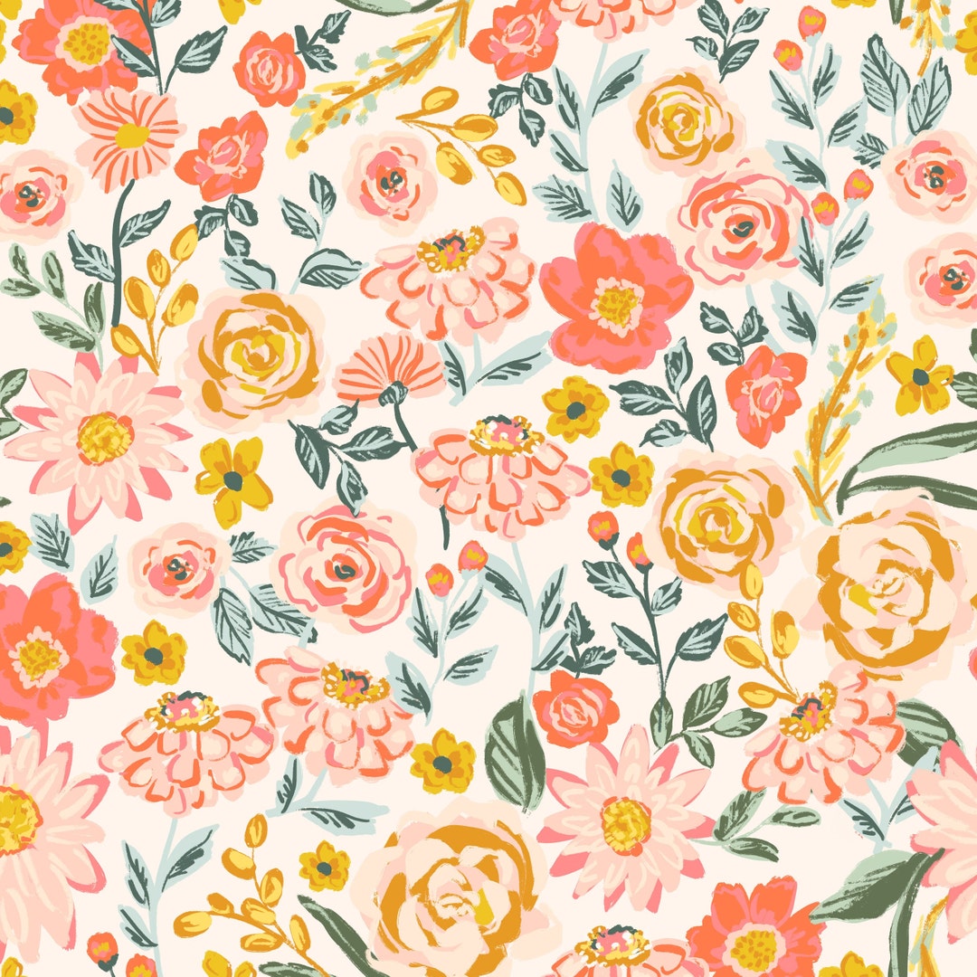 Peach Floral Fabric, Spring Flower Fabric, Fabric by the Yard, Indy ...
