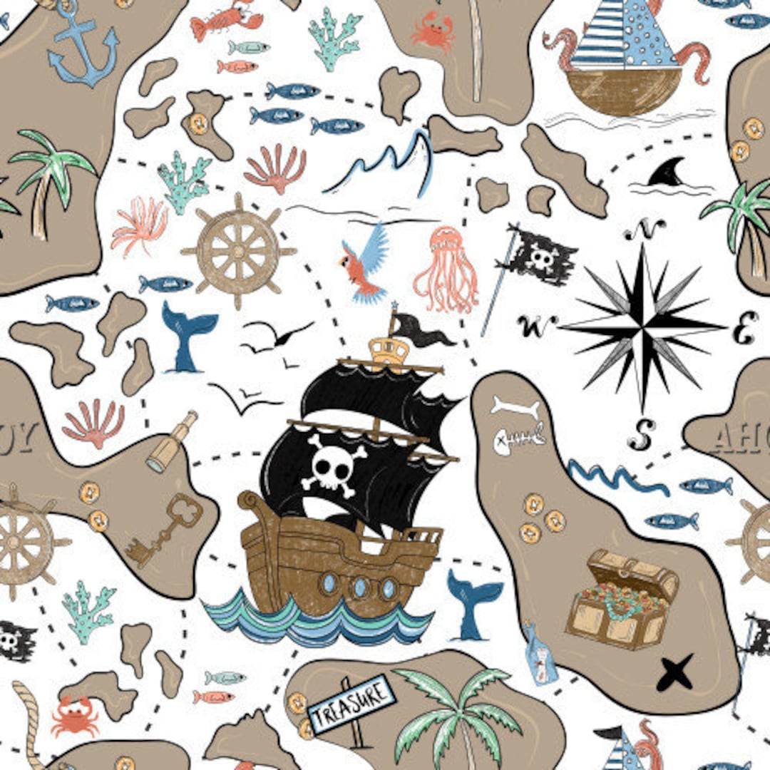 Pirate Treasure Map Fabric, Fabric by the Yard, Quilting Cotton, Swim ...