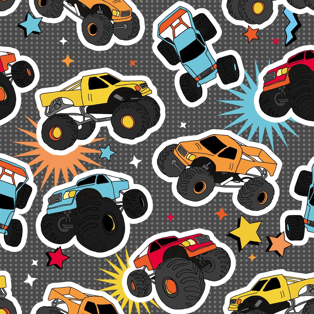 Colorful Monster Truck Fabric, Fabric by the Yard, Truck Fabric, Little ...