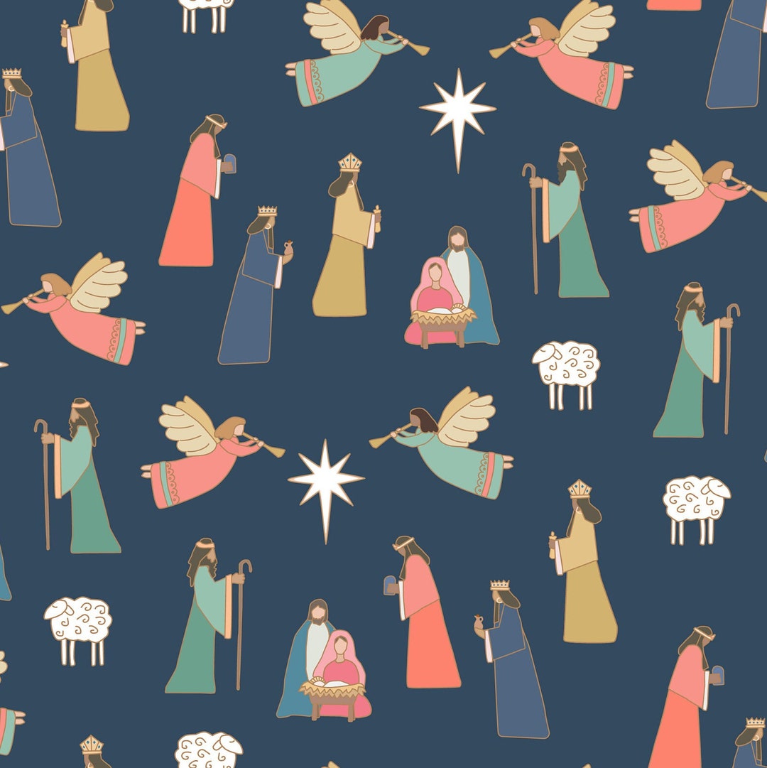 Blue Nativity Scene Fabric, Christmas Fabric, Religious Fabric, Fabric ...