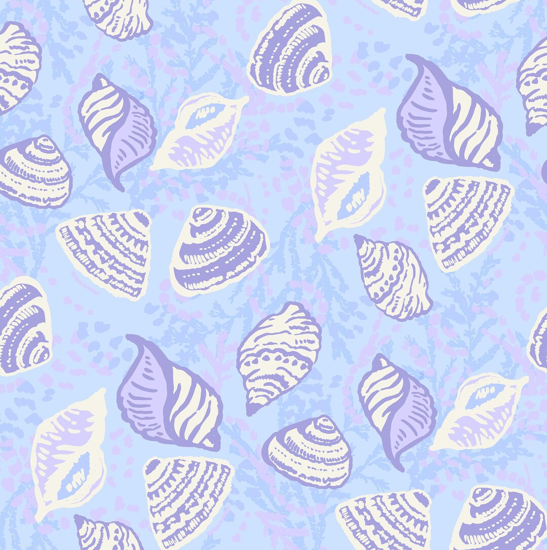 Light Blue Seashell Fabric, Summer Beach Fabric, Fabric by the Yard ...