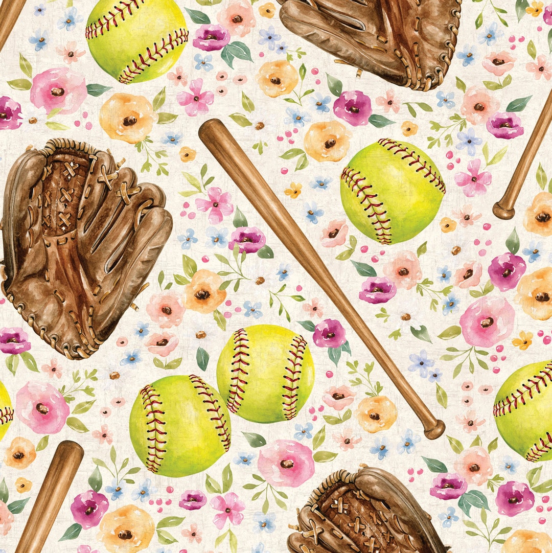 Softball Floral Fabric, Fabric by the Yard, Sports Fabric, Cate & Rainn ...
