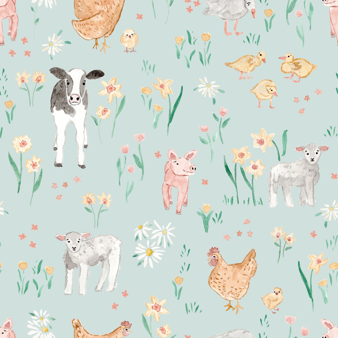 Blue Baby Farm Animal Fabric, Fabric by the Yard, Barnyard Fabric, Tate ...