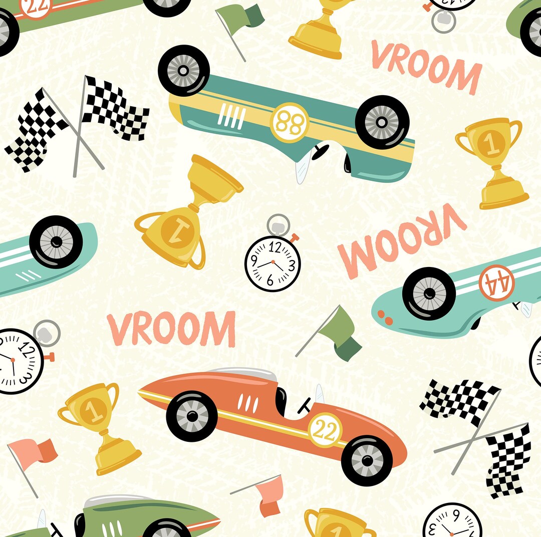 Race Car Fabric, Fabric by the Yard, Vehicle Fabric, Retro Racing, Lily ...