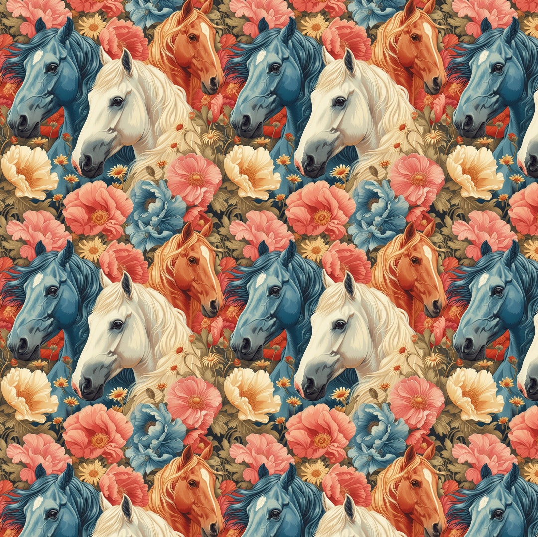 Horse Fabric, Blue Pink Horse Floral, Fabric by the Yard, Farm Animal ...