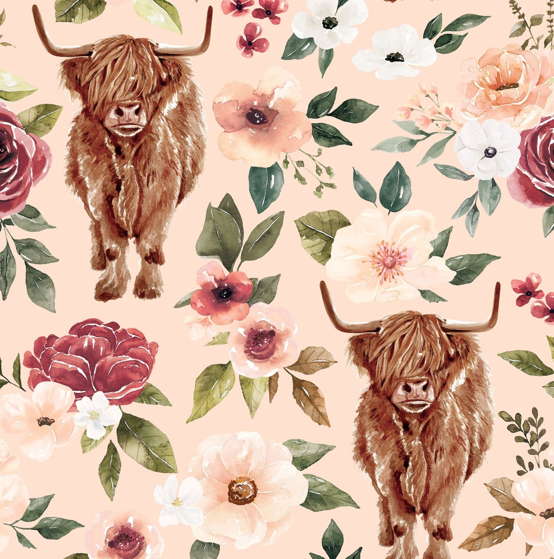 Pink Highland Cow Floral Fabric, Fabric by the Yard, Cate & Rainn ...
