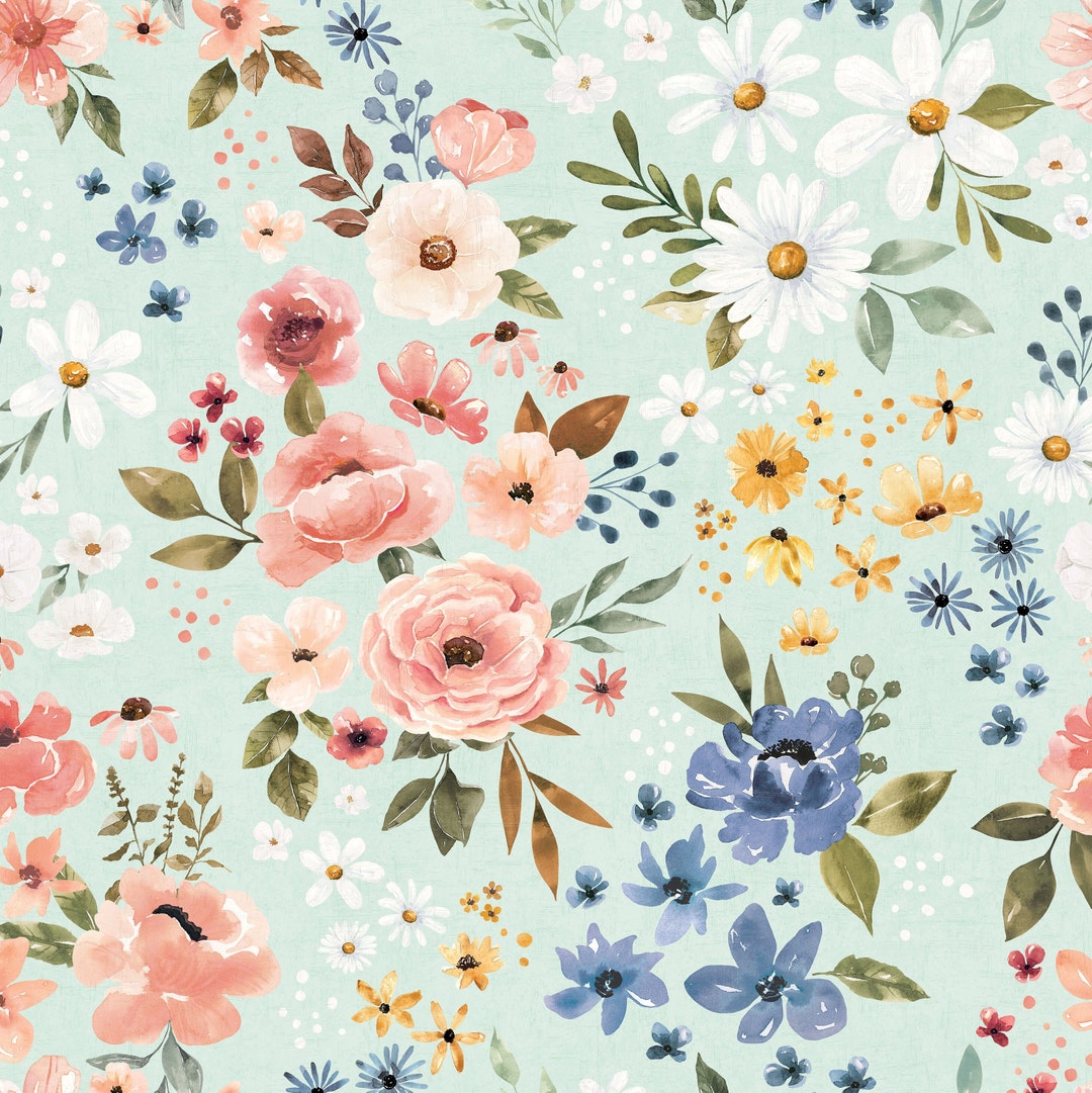 Light Blue Floral Fabric, Spring Flower Fabric, Fabric by the Yard ...