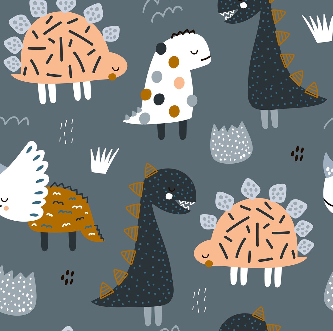 Cartoon Dinosaur Fabric, Dinos on Gray, Dinosaur Fabric, Fabric by the ...