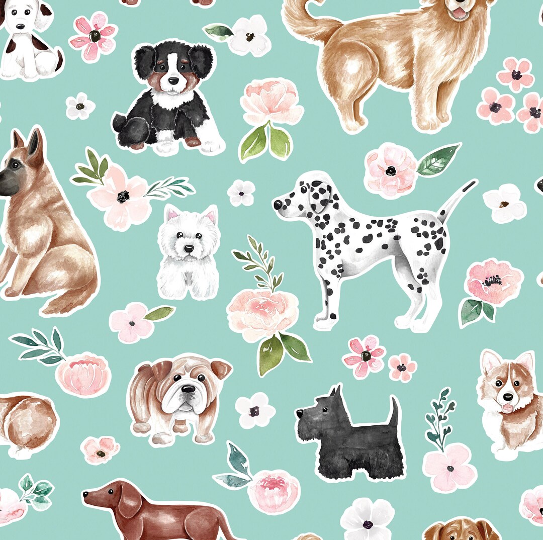 Aqua Blue Dog Floral Fabric, Puppy Boutique, Fabric by the Yard, Cate ...