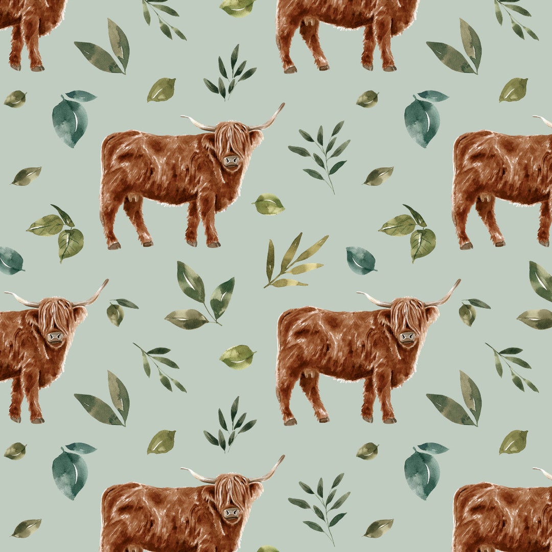 Highland Cow Fabric, Mint Blue Highland Cow Fabric, Fabric by the Yard ...