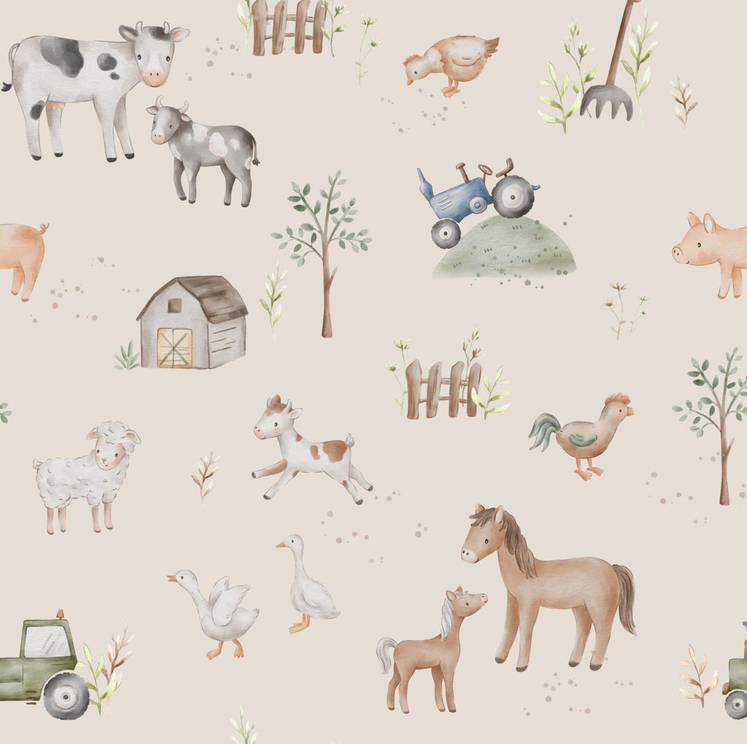 Tan Farm Animal Fabric, Horse Cow Sheep, Fabric by the Yard, Autumn ...