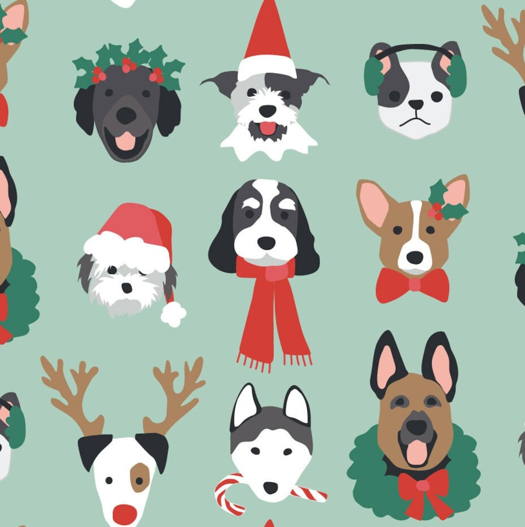 Green Christmas Puppy Fabric, Christmas Dog Fabric, Fabric by the Yard ...