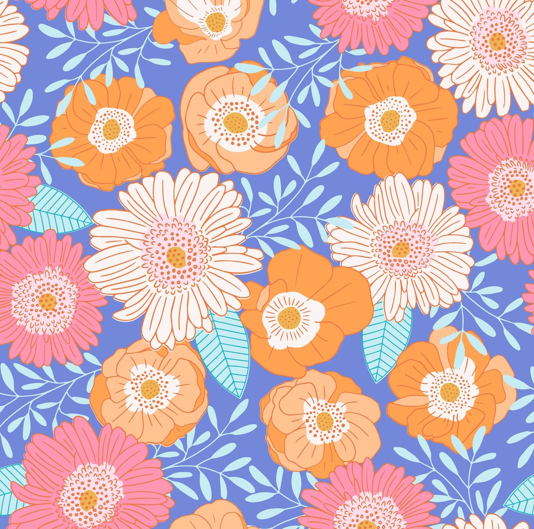 Bright Blue Summer Floral Fabric, Flower Swim Fabric, Fabric by the ...