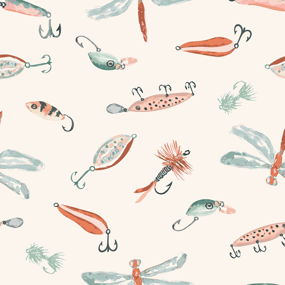 Fishing Gear Fabric, Fishing Lure Fabric, Fabric by the Yard, Pine and ...
