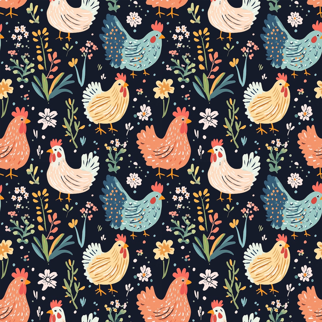Chicken Floral Fabric, Fabric by the Yard, Tori Egeler, Farm Animal ...