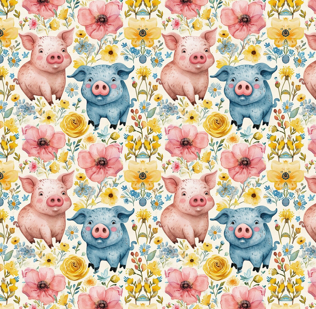 Pig Fabric, Cute Pig Floral Fabric, Fabric by the Yard, Farm Animals ...