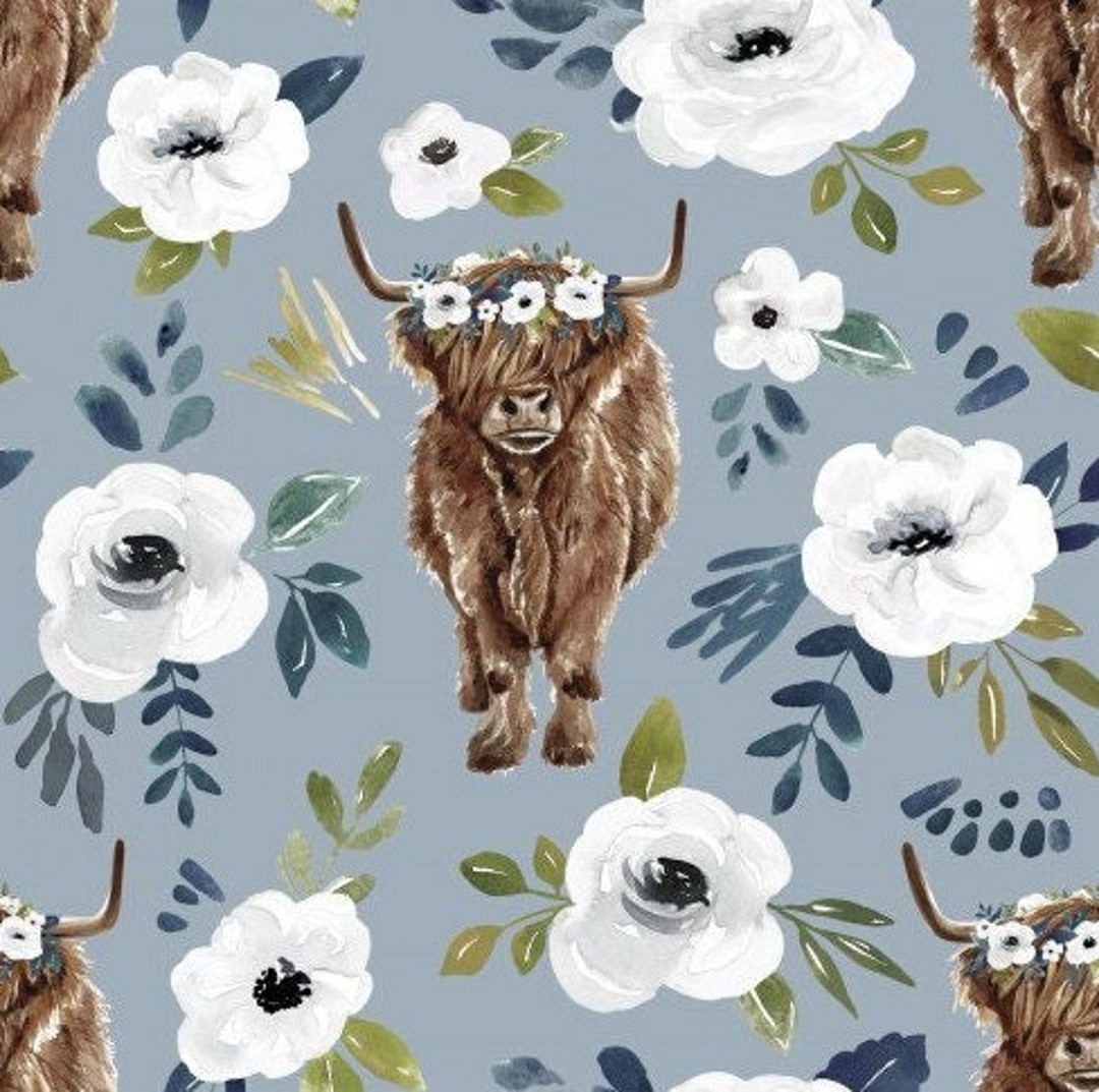Floral Highland Cow Fabric, Fabric by the Yard, Cate and Rainn, Cattle ...
