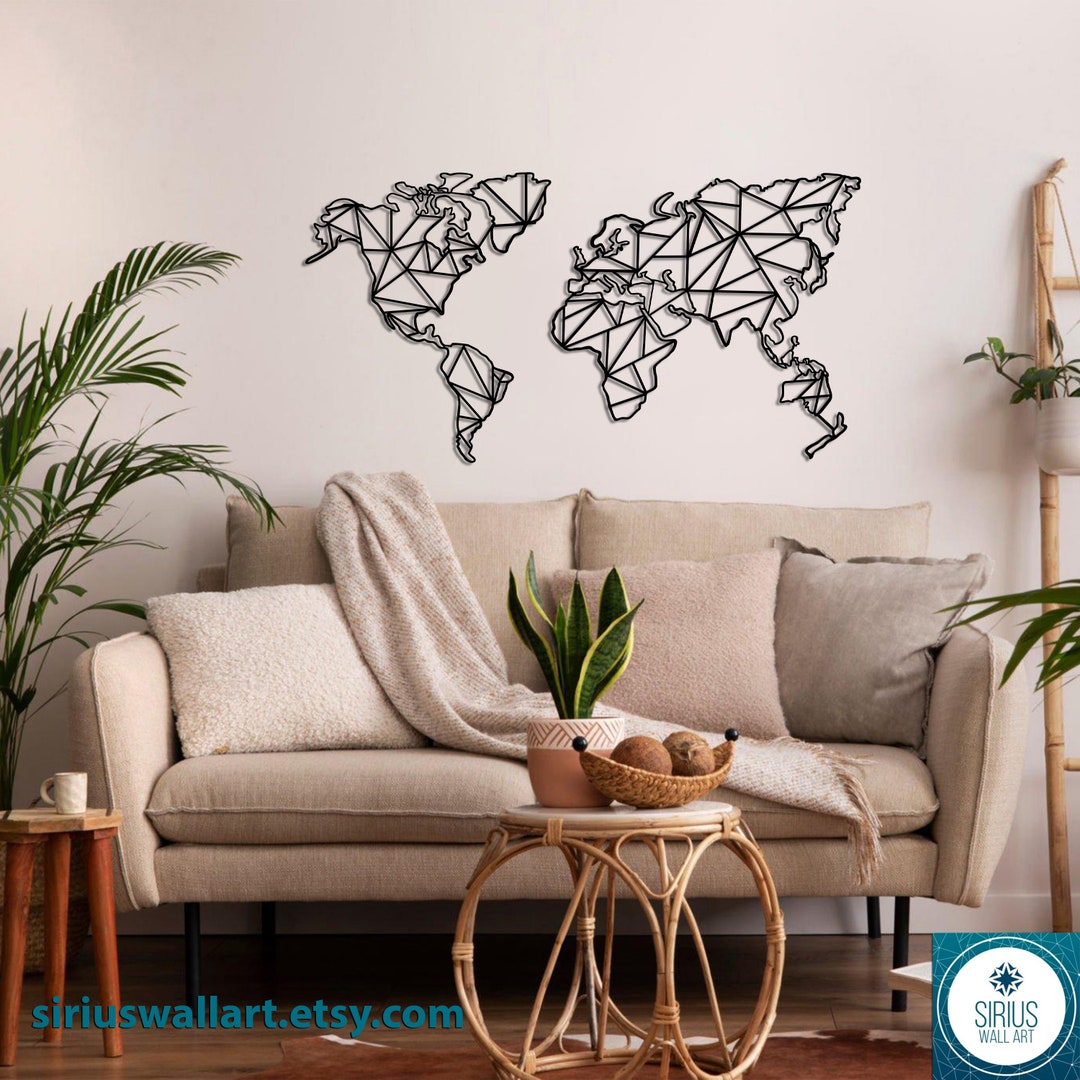 Metal World Map Wall Art, 2 Pieces Geometric World Map Decor, Metal ...