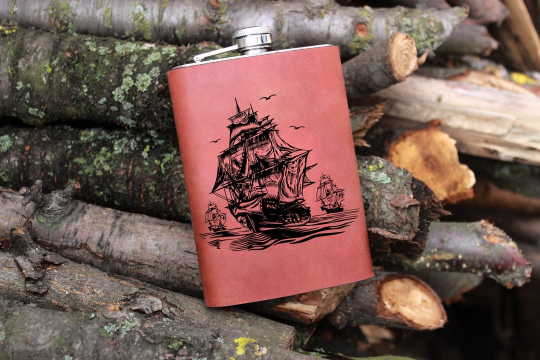 Pirate Flask 9oz Pirate Ship Flask Leather Wrapped Flask Groomsman Gift ...