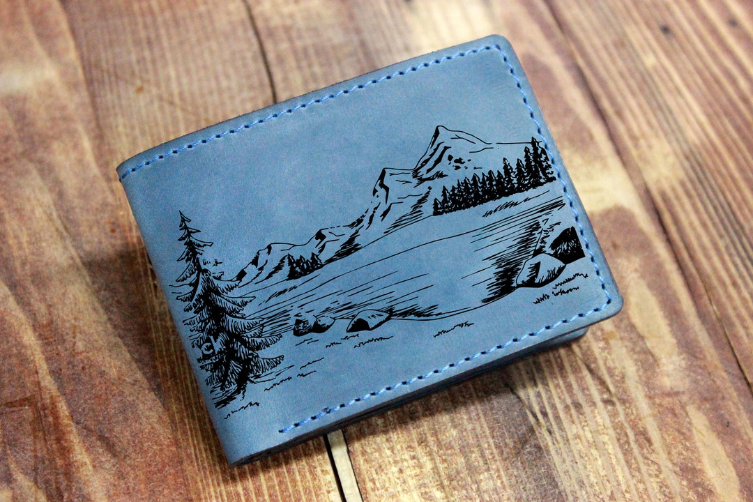 Handmade Leather Mountain Wallet, Forest Tree Engraved, Personalized ...