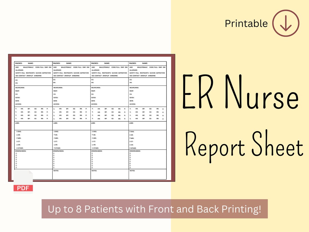 ER Nurse Report Sheet Emergency Nurse Brain Sheet Med Surg Nurse ...