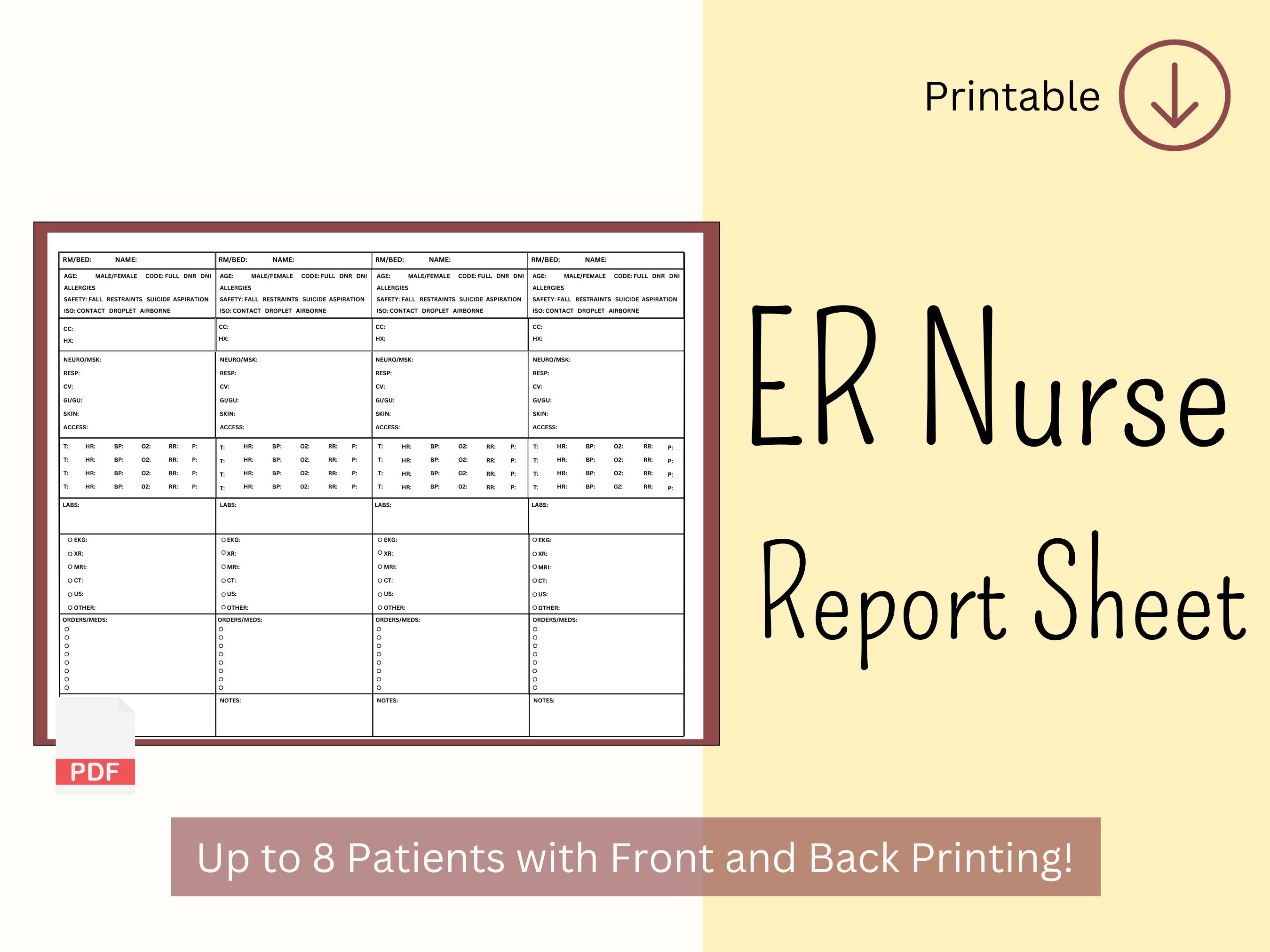ER Nurse Report Sheet Emergency Nurse Brain Sheet Med Surg Nurse ...