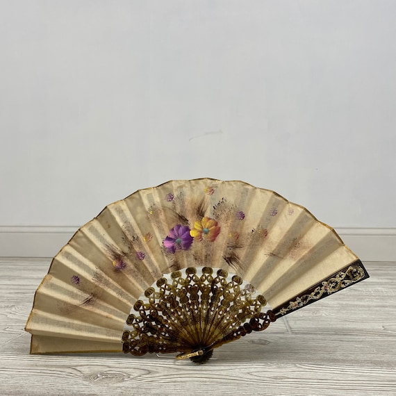 Vintage Hand-Painted, Handheld Paper Fan - Vintage (B… - Gem
