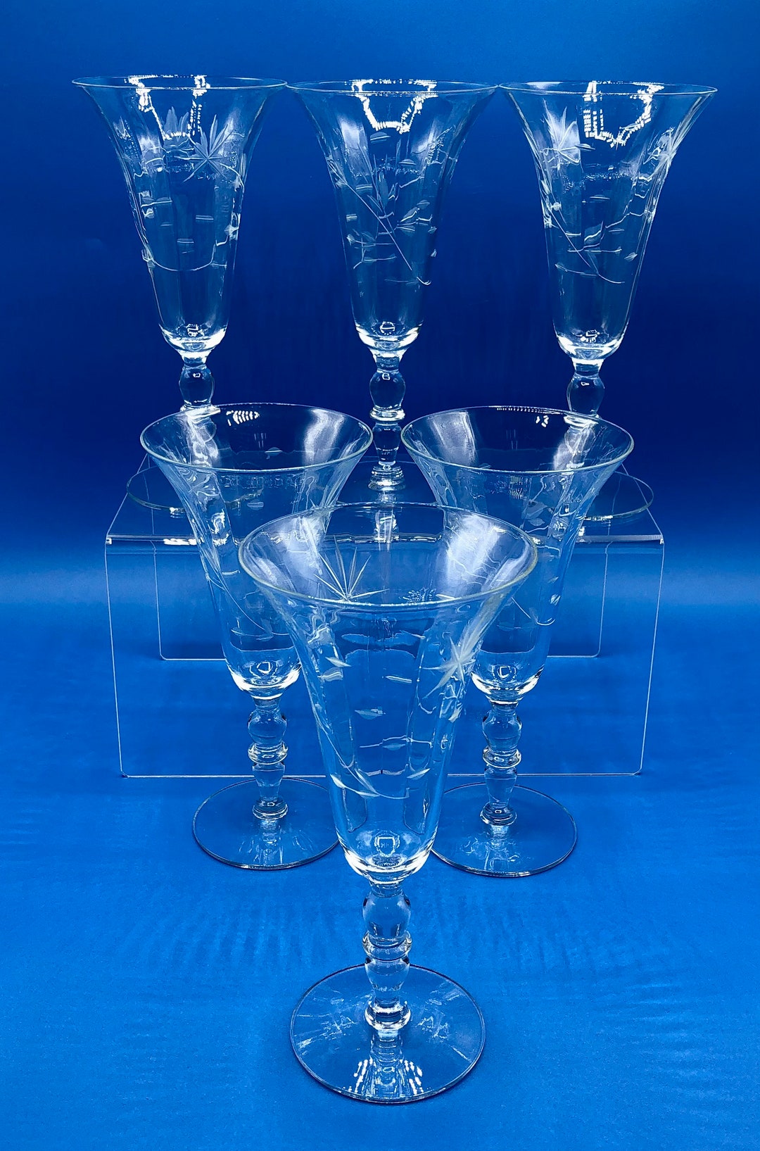 Vintage 1940s Floral Etched Slender Wine Glass Set of 6 /b - Etsy