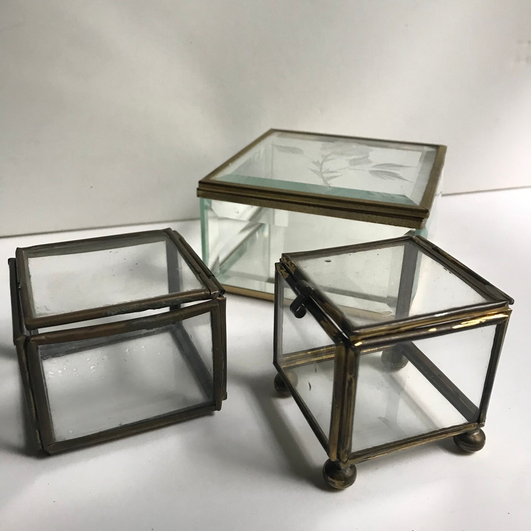 Vintage Glass Brass Box Three Glass Boxes Vintage Etched Box Vintage ...