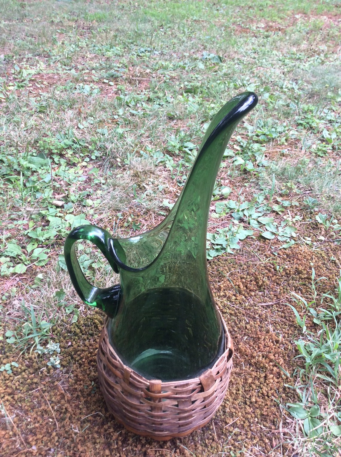 Green Glass wicker Pitcher MCM. Italian Glass Water/wine - Etsy