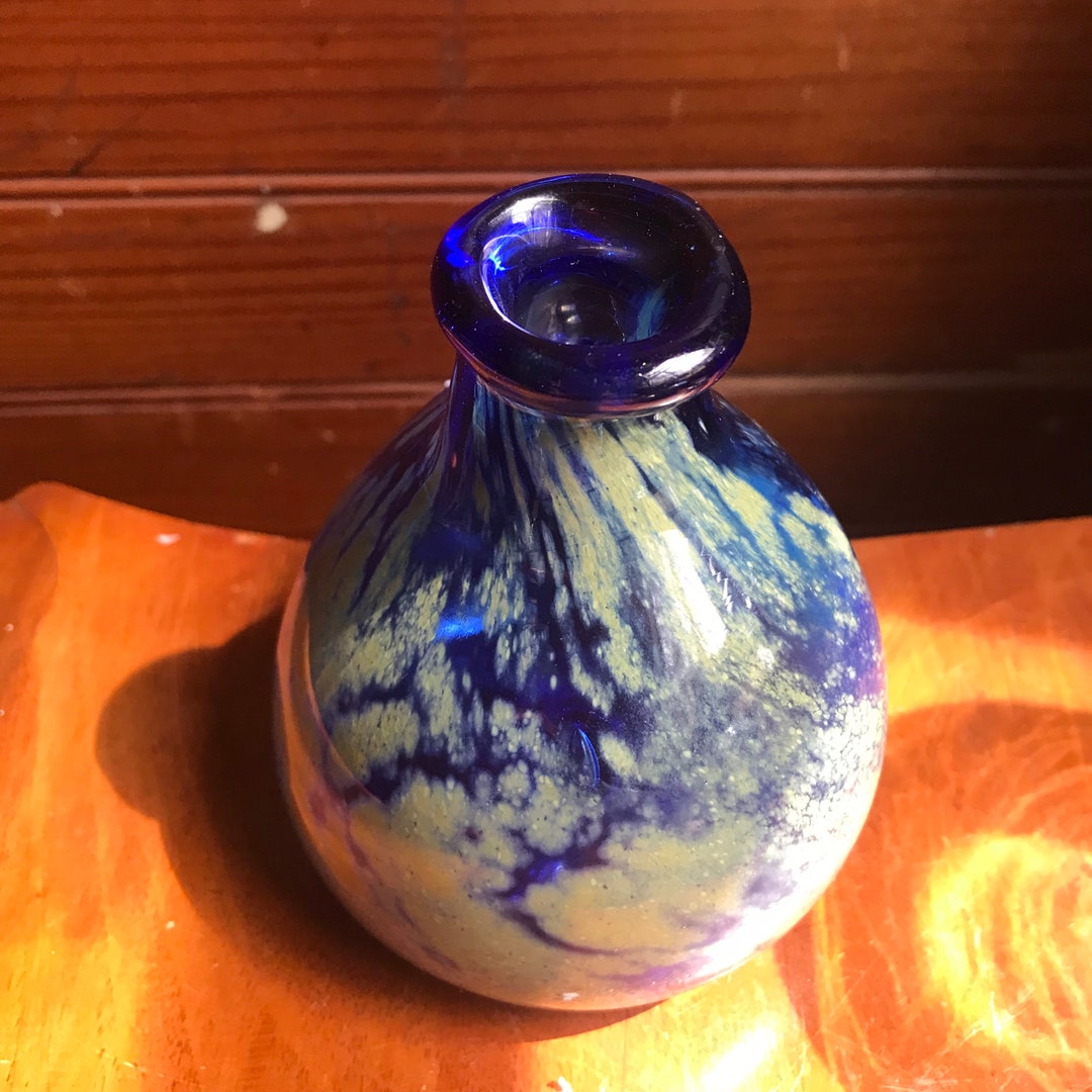 Art Glass Free Form Vase Hand Blown Blue Galaxy Vase Signed SK - Etsy