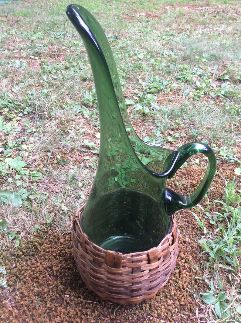 Green Glass wicker Pitcher MCM. Italian Glass Water/wine - Etsy