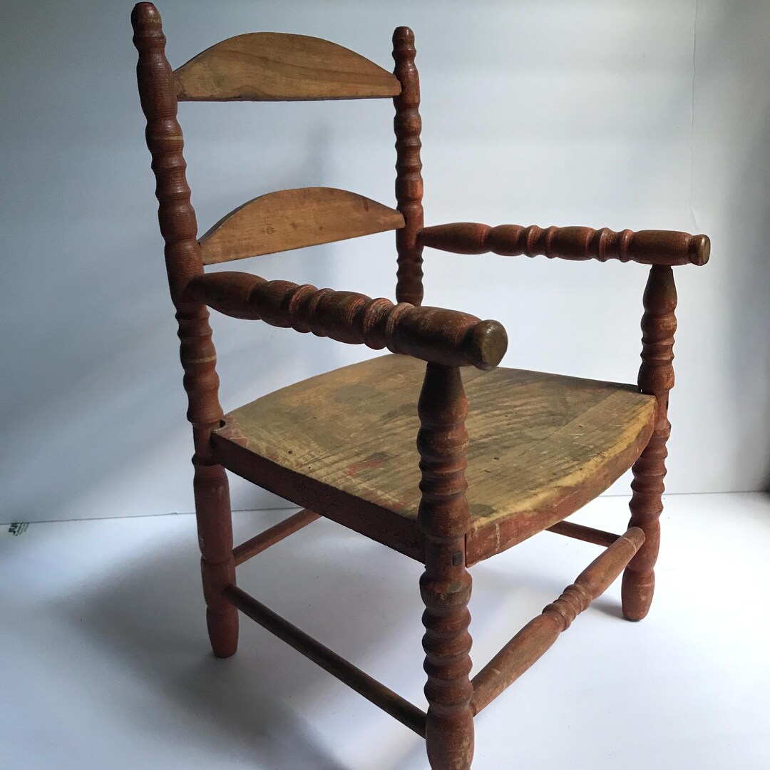 Small Rustic Wood Chair Antique Red Wood Chair Primitive Decor Plant ...