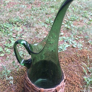 Green Glass wicker Pitcher MCM. Italian Glass Water/wine - Etsy