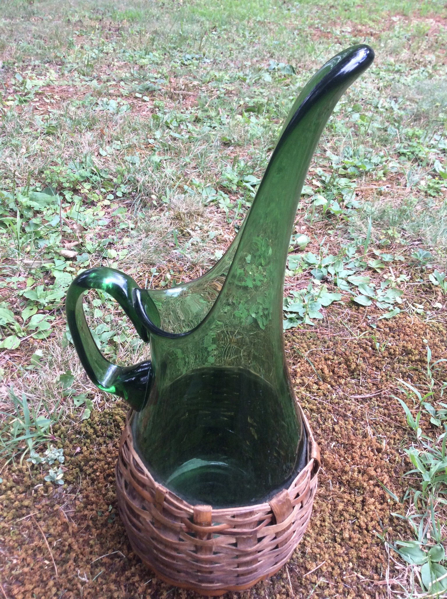 Green Glass wicker Pitcher MCM. Italian Glass Water/wine - Etsy