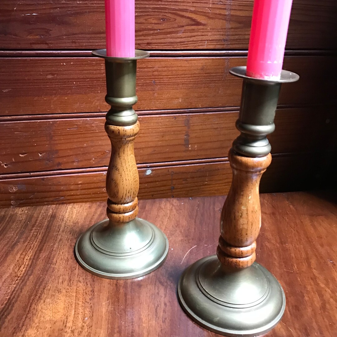 Wood Brass Candlesticks Colonial Style Brass Candlesticks Vintage Wood ...