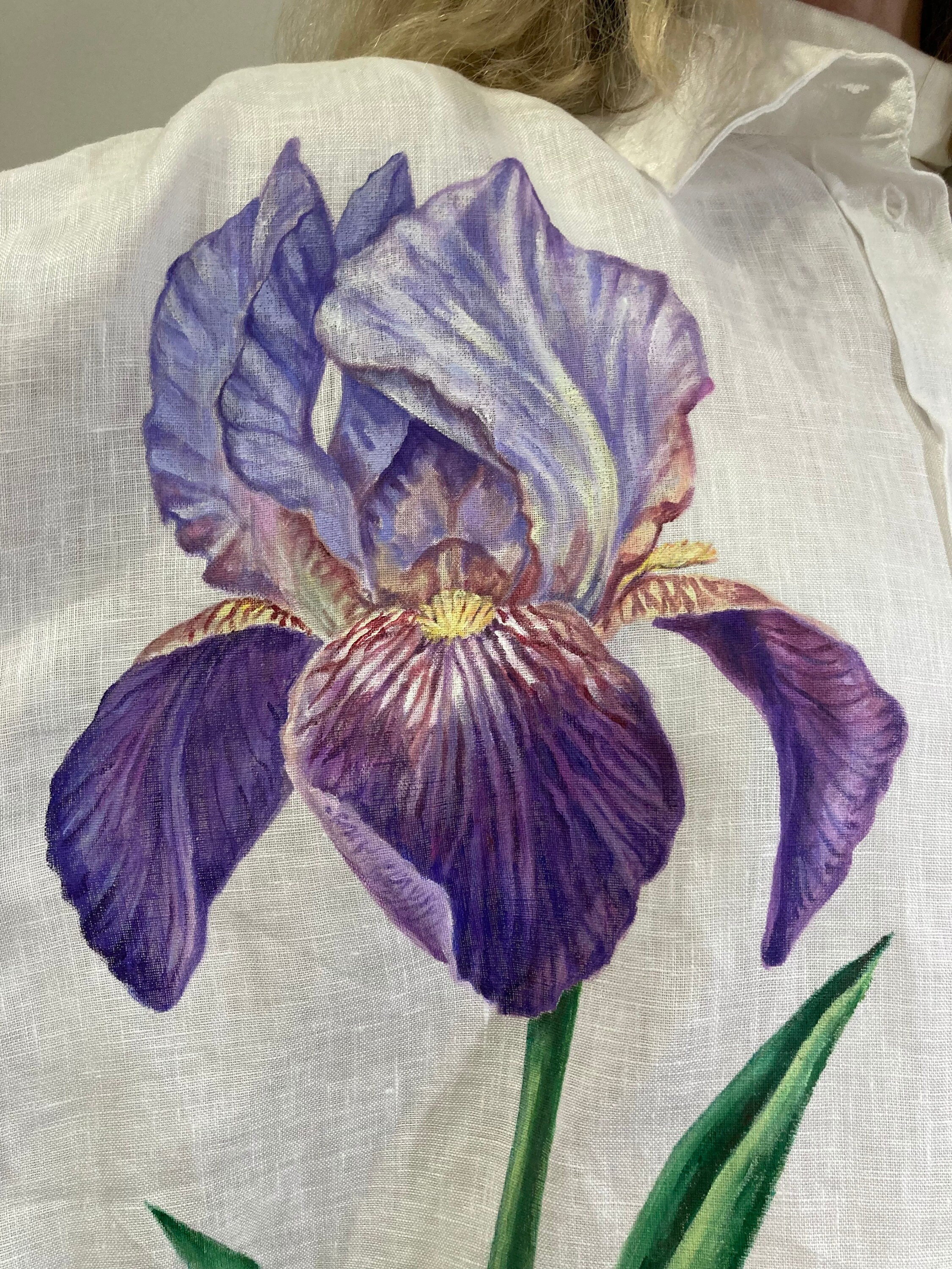 Hand Painted Linen Shirt, Iris Painting Shirt, Magic Linen Shirt, White ...