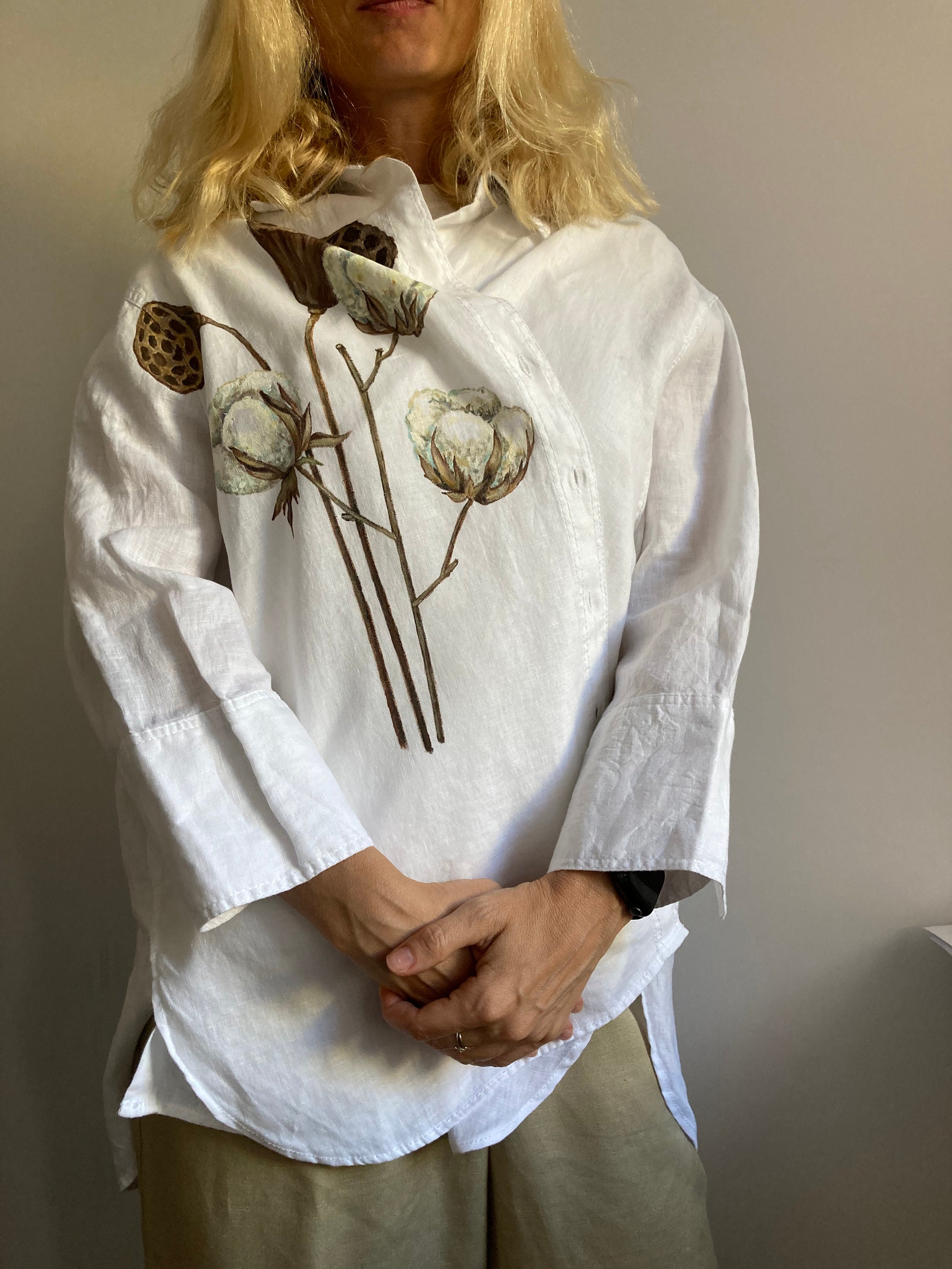 Hand Painted Linen Blouse Floral, Magic Linen Shirt for 21st Birthday ...