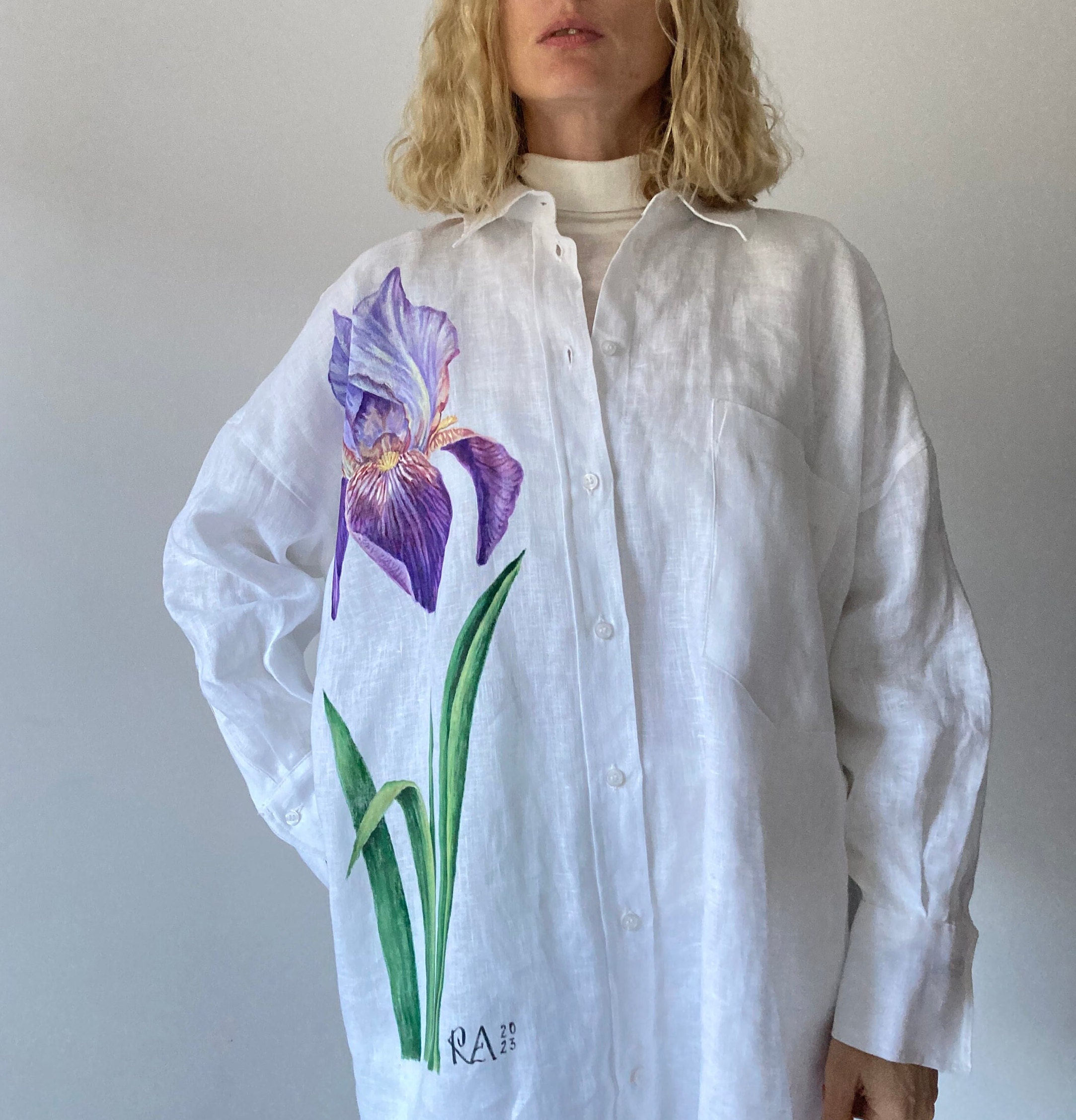 Hand Painted Linen Shirt, Iris Painting Shirt, Magic Linen Shirt, White ...