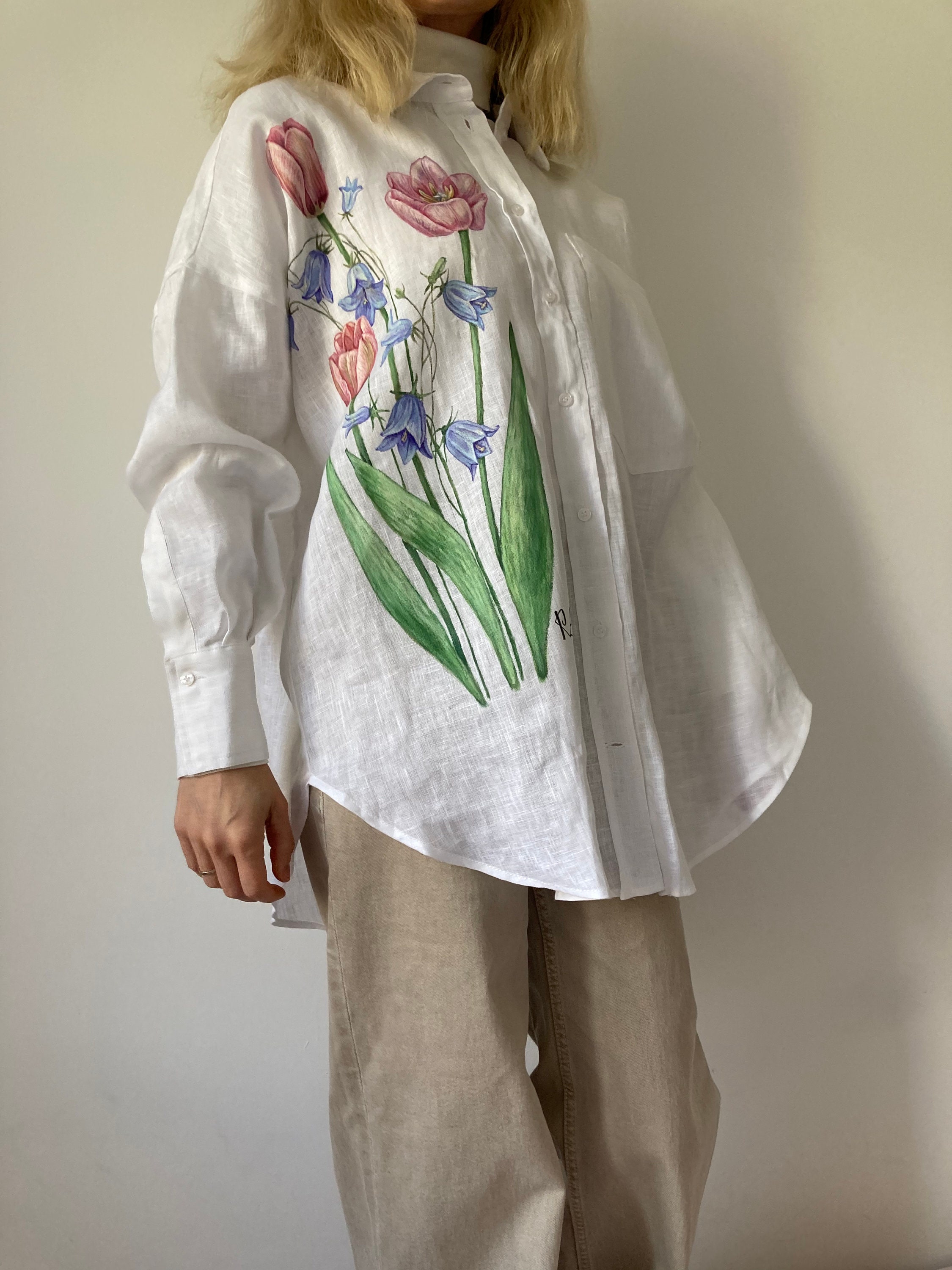 Hand Painted Elegant Blouse, Custom Painted Linen Botanical Shirt, TO ...