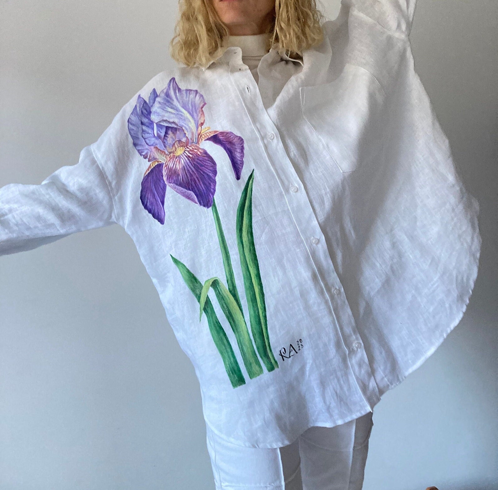 Hand Painted Linen Shirt, Iris Painting Shirt, , White Oversize Floral ...