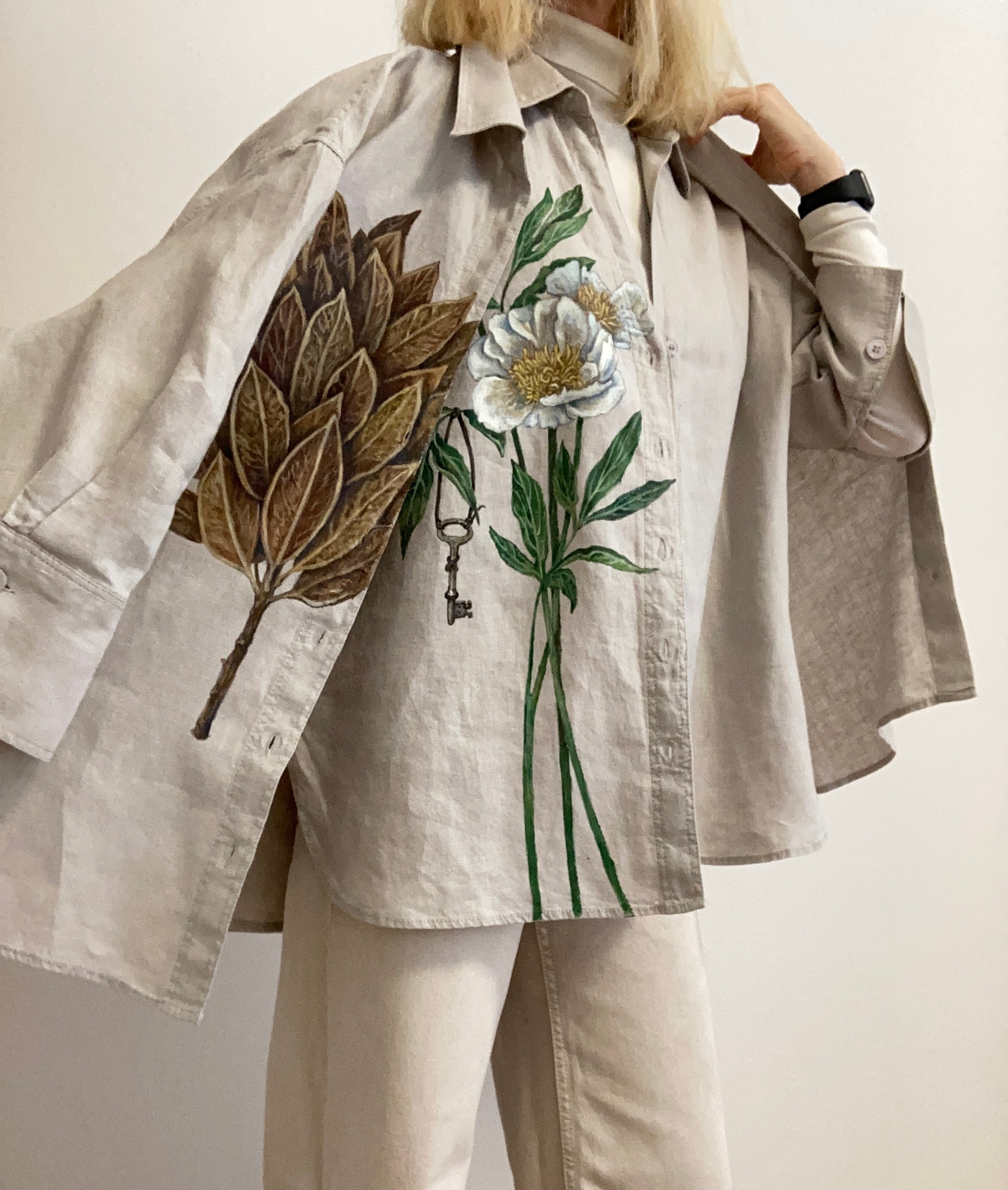 Hand Painted Linen Blouse, Peony Painting Elegant Blouse, Birth Flower ...