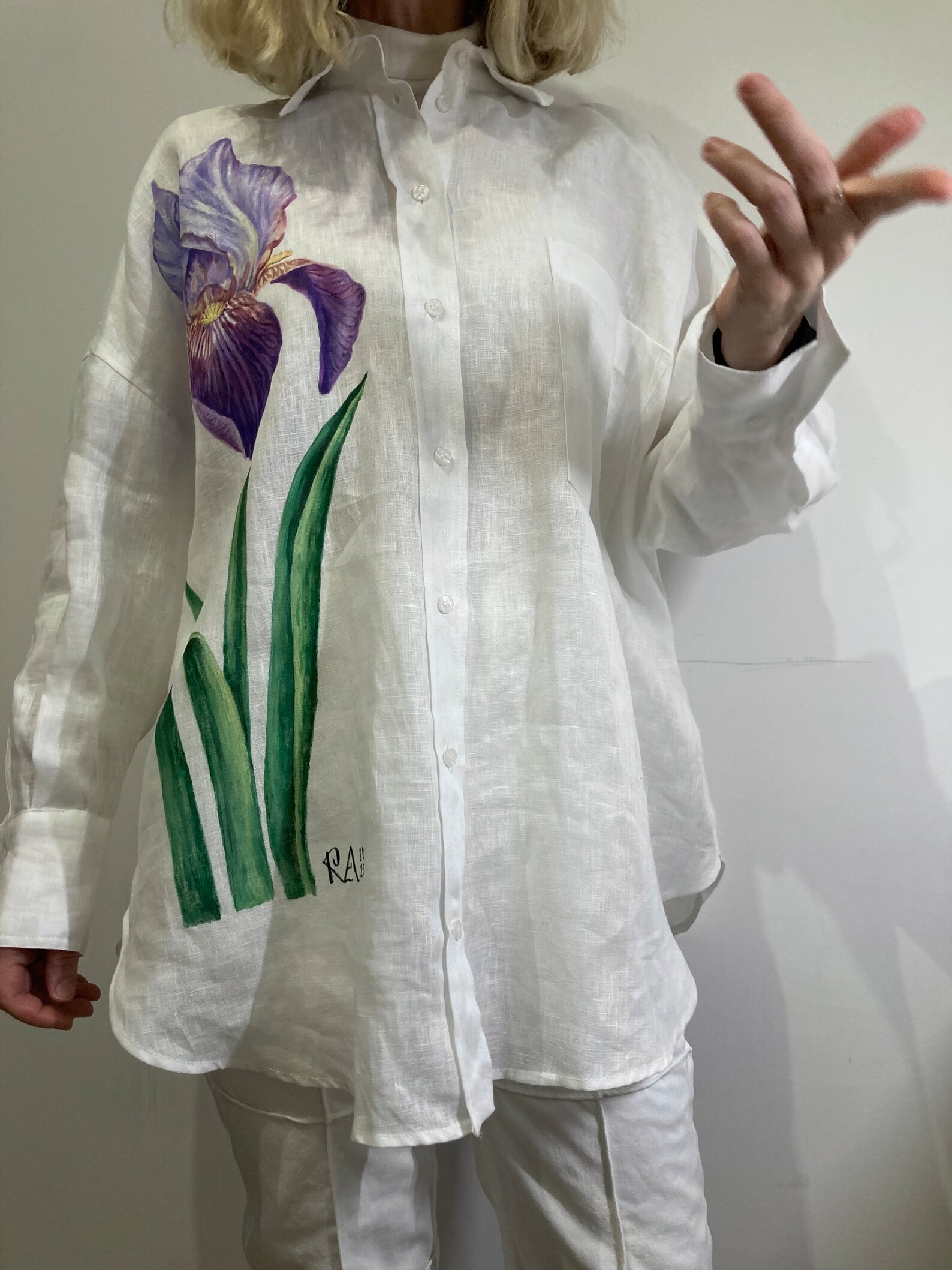 Hand Painted Linen Shirt, Iris Painting Shirt, Magic Linen Shirt, White ...