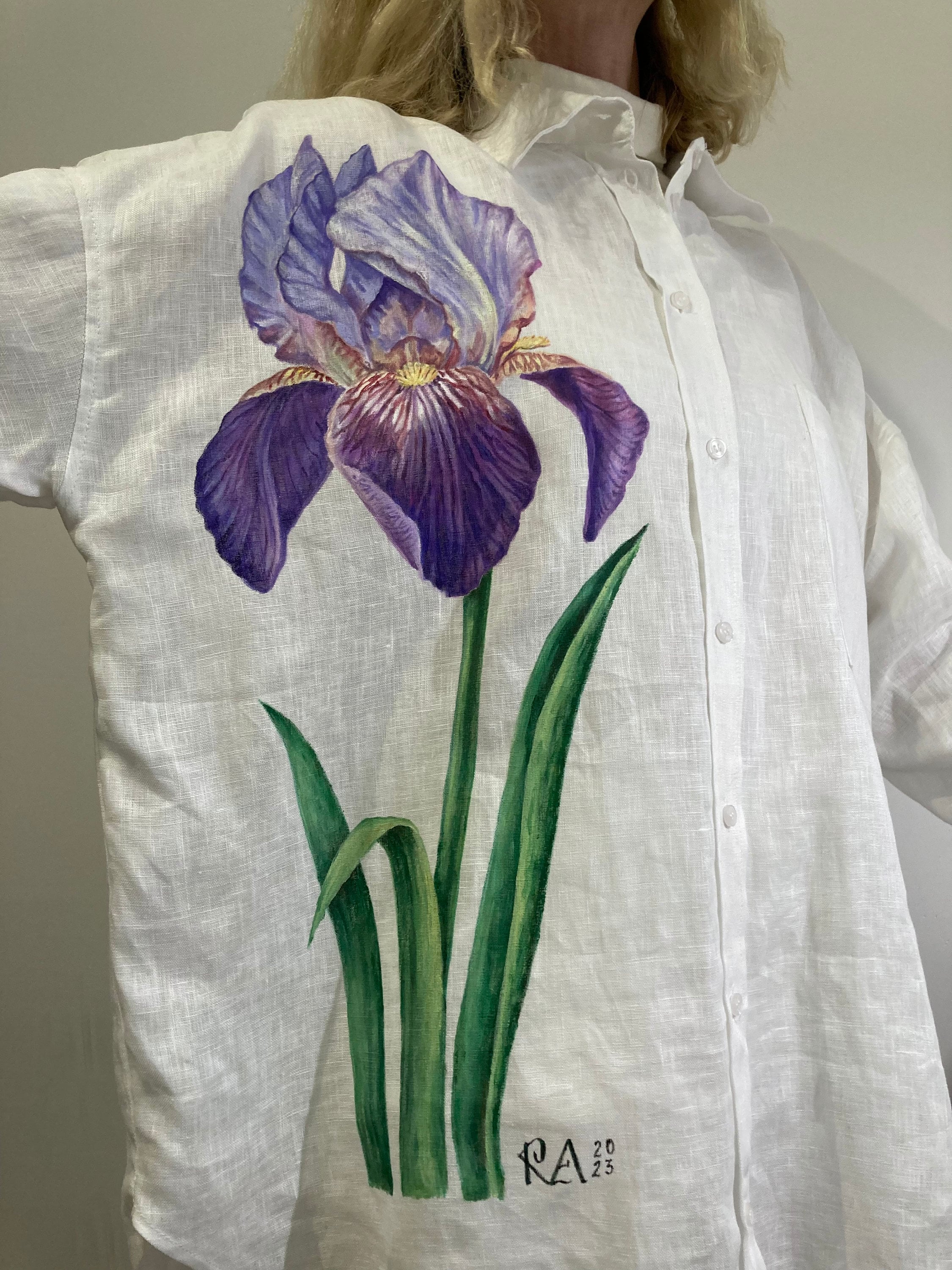 Hand painted linen blouse, Iris painting linen shirt, Unique custom ...